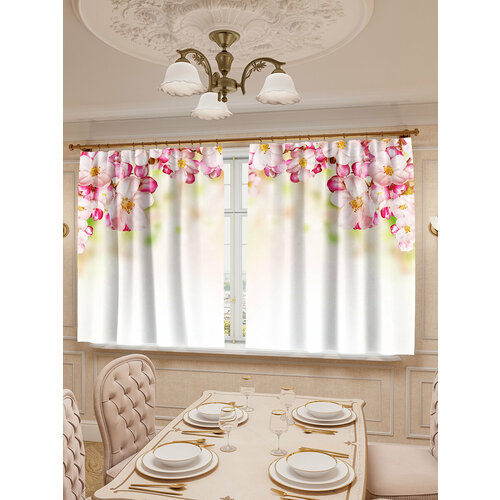 Фотошторы для кухни LeJoy Home из габардина "Розовые цветы на белом фоне" 180х290 см. (2 шт. 145х180 см (каждая).