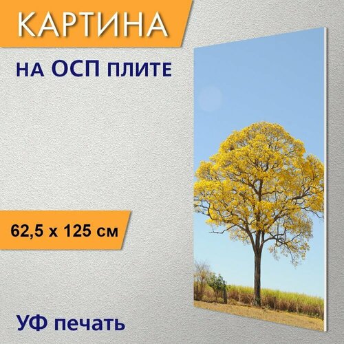 Вертикальная картина на ОСП "Дерево, желтый, весна" 62x125 см. для интерьериа