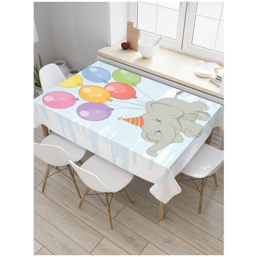 Скатерть прямоугольная JoyArty на кухонный стол "Слоненок на воздушных шарах" из оксфорда, 180x145 см