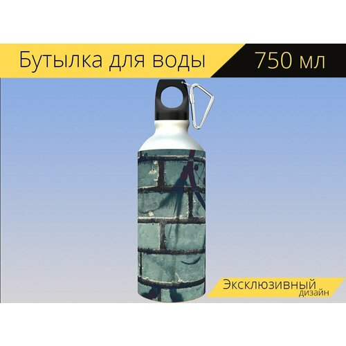 Бутылка фляга для воды "Ловец снов, стена, синий" 750 мл. с карабином и принтом