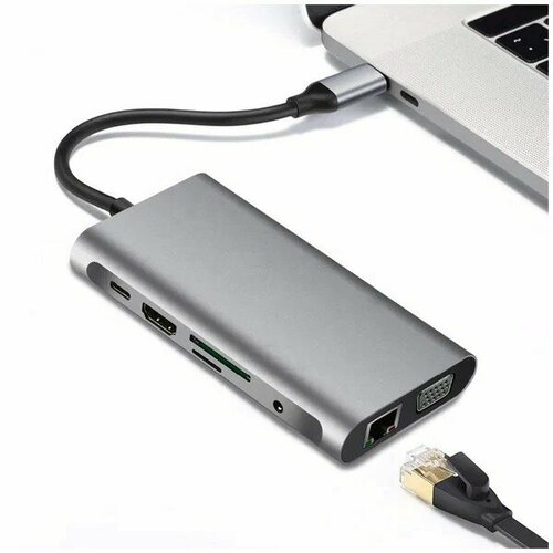 Адаптер многоцелевой / Airies Adapter USB Type-C 10-in-1 / 3xUSB 3.0, RJ45, HDMI 4K, VGA, SD Card 3.5MM audio port, PD Зарядка до 100W для MacBook Pro/Air / SC-USH140