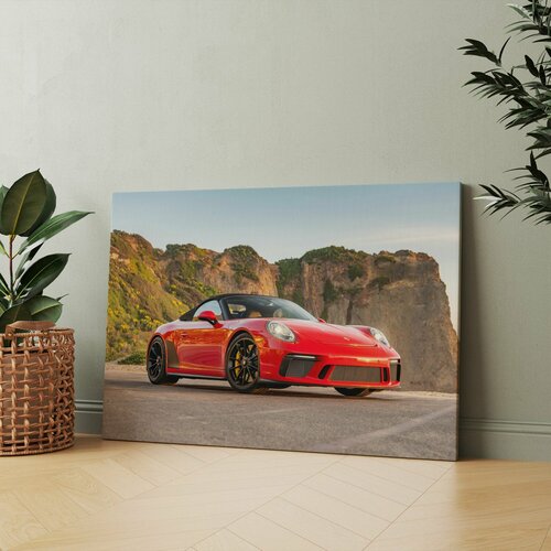 Картина на холсте "Красный спортивный автомобиль, припаркованный перед горой" 20x30 см. Интерьерная, на стену.
