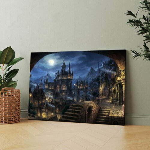Картина на холсте (Замок дракулы ночью, чернолют, волшебный ведьмы, фэнтези арт) 30x40 см. Интерьерная, на стену.