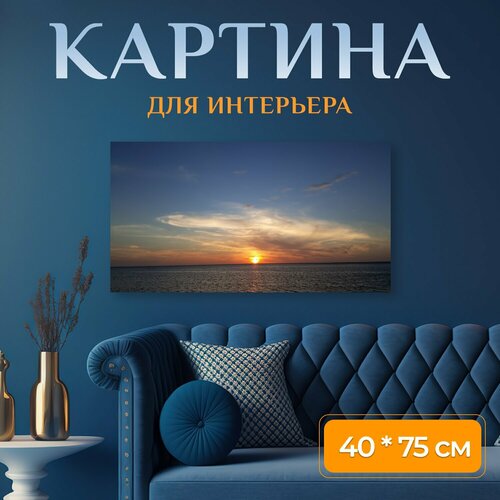 Картина на холсте "Заход солнца, море, небо" на подрамнике 75х40 см. для интерьера
