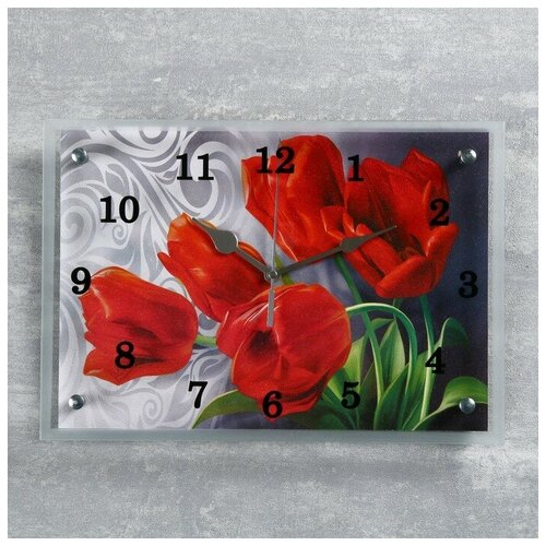 Часы-картина настенные, серия: Цветы, "Красные тюльпаны" 25х35 см