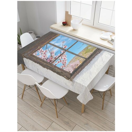 Скатерть прямоугольная JoyArty на кухонный стол "Сакура в окне" из оксфорда, 180x145 см