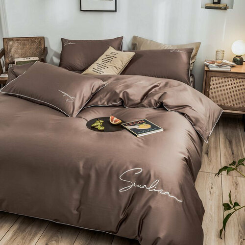 Комплект постельного белья Good Sleep из Сатина Евро Однотонное Хлопок Простыня 220x240 см Коричневый