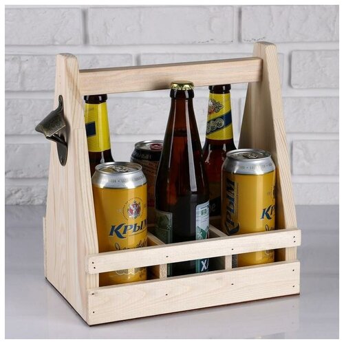 Ящик для пива 27×18×30 см с открывашкой, под 6 бутылок, деревянный