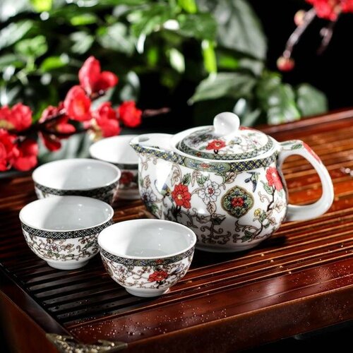 Sima-land Набор для чайной церемонии керамический «Цветение», 5 предметов: 4 пиалы 30 мл, чайник 200 мл