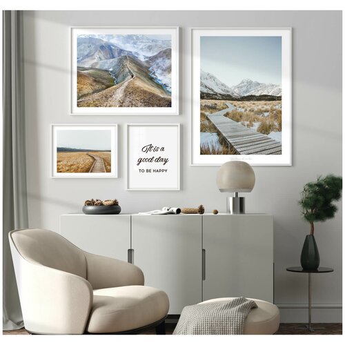 4 постера "Пейзаж, снежные горы и поля" в тубусе без рамки / Набор постеров картин для интерьера / Картина для интерьера / Плакат / Постер на стену