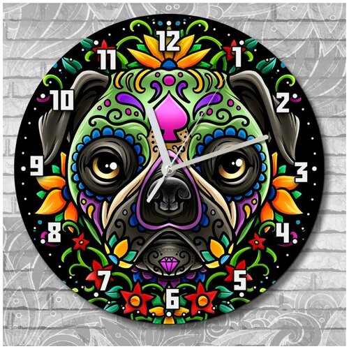 Настенные часы УФ животные (собаки, мопс, сахарный череп) - 67