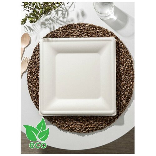 Тарелка одноразовая квадратная ECO, 26x26 см, сахарный тростник, цвет белый, 3 шт.