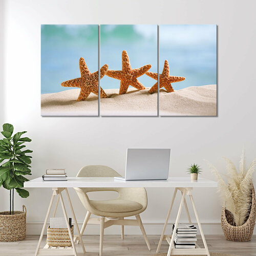 Модульная картина/Модульная картина на холсте/Модульная картина в подарок/три морских звезды в песке-three starfish in the sand 90х50