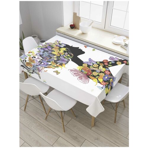 Скатерть прямоугольная JoyArty на кухонный стол "Цветочная девушка в бабочках" из оксфорда, 180x145 см