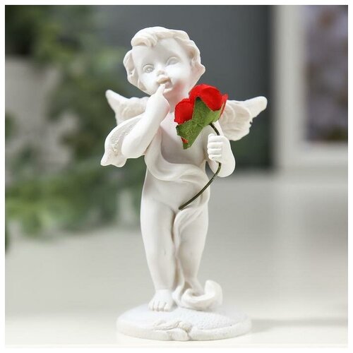 Сувенир полистоун "Ангелочек с красной розой" 8х4,5х3,5 см