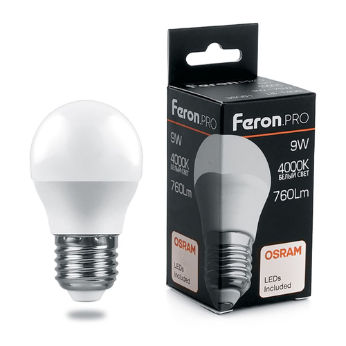 Лампа светодиодная LED 9вт Е27 белый матовый шар Feron.PRO | код 38081 | FERON (3шт. в упак.)