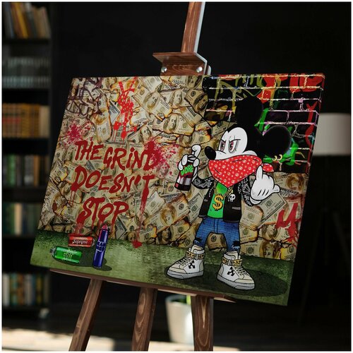 Картина на холсте "Зарабатывай с Микки" современный арт граффити для офиса, в кабинет, в гостиную, постер мотивация
