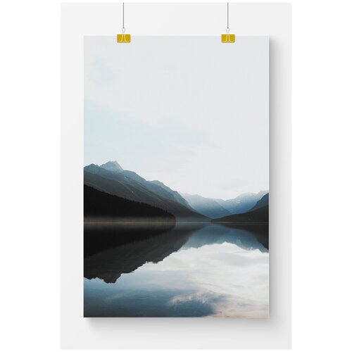 Постер на стену для интерьера Postermarkt Озеро и горы в дымке, размер 60х90 см, постеры картины для интерьера в тубусе