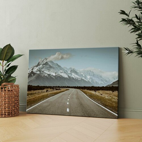 Картина на холсте (Гадрут горы дорога, пейзаж чб шоссе в горах) 50x70 см. Интерьерная, на стену.
