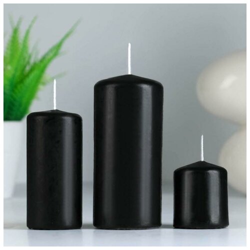 Свеча - цилиндр, набор 3 шт, чёрная (4х5 см, 4х9 см, 5х11,5 см)