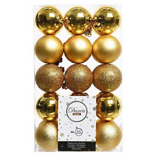 Набор пластиковых шаров золотая коллекция (глянцевые, матовые, глиттер, матовый антик), 60 мм, упаковка 30 шт, Kaemingk