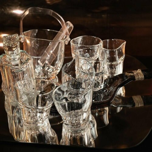 Подарочный набор - Шесть бокалов для виски (гр.), блюдо (менажница) из оливковой винной бутылки, квадратный графин, ведерко для льда - Хмельное стекло