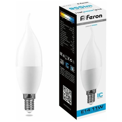 Лампа светодиодная Feron E14 11W 6400K Свеча Матовая LB-770 25952