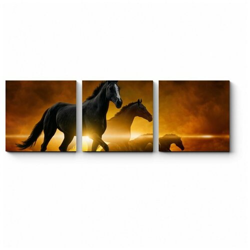 Модульная картина Бегущие лошади на фоне закатных облаков 110x37