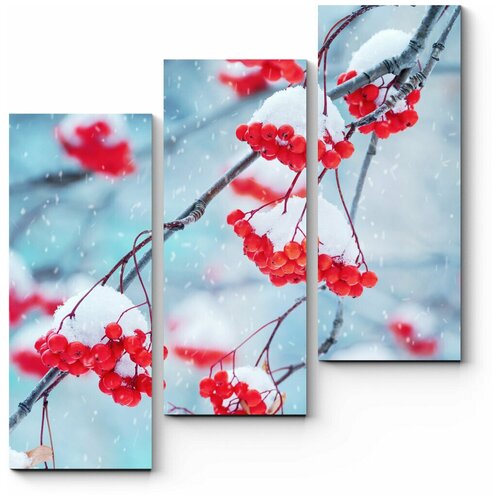 Модульная картина Первый снег укутывает спелые ягоды рябины 140x149