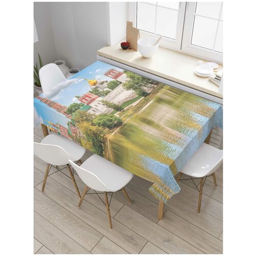Скатерть прямоугольная JoyArty на кухонный стол "Река и город" из оксфорда, 180x145 см