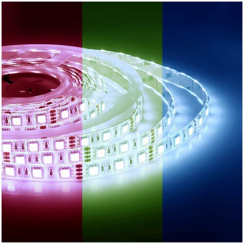 Яркая светодиодная лента 00-100-1 с напряжением 12В, цвет свечения RGB+ холодный белый, излучает световой поток равный 360 Лм/м 30д/м / 7,2Вт/м / smd5050 / IP20 / длина 5 метров, ширина 10 мм