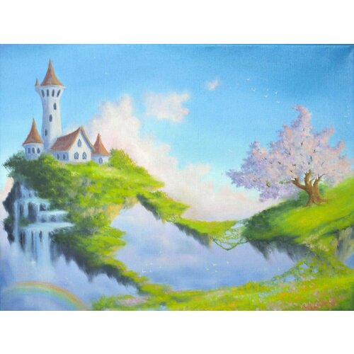 Картина маслом ручной работы "Дом в облаках", холст 40х50 см, для интерьера, в стиле фэнтези, природа