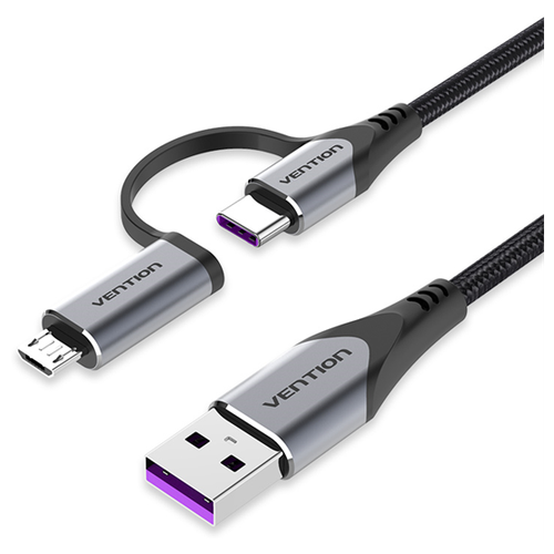 Переходник Vention USB 2.0 A Male to 2-in-1 USB-C&Micro-B Male 5A Cable 1M Gray Aluminum Alloy Type (CQFHF)