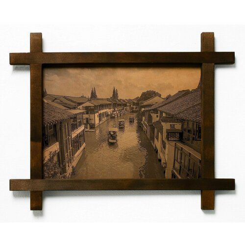 Картина Шанхайская Венеция, гравировка на натуральной коже, интерьерная для украшения и декора на стену в деревянной раме, подарок, BoomGift