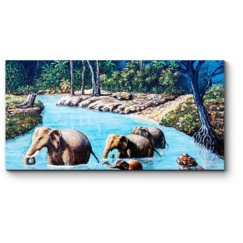 Модульная картина Семья слонов переправляется через реку 100x50