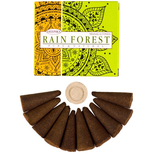 Ароматические конусы, натуральные индийские благовония Deepika Тропический лес, Rain Forest cones, набор 10 конусов + 1 керамическая подставка