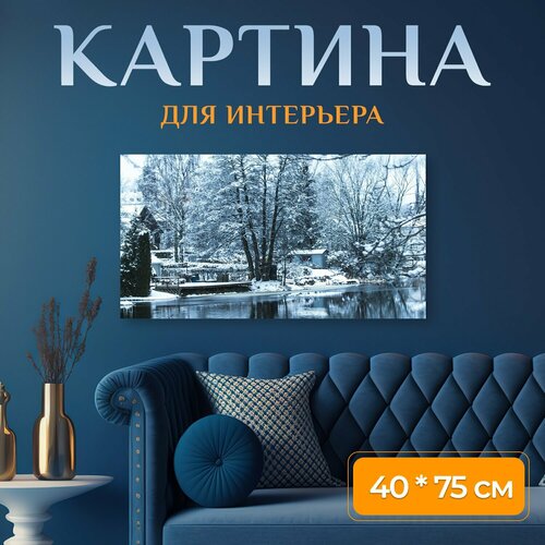 Картина на холсте "Зима, снег, берег реки" на подрамнике 75х40 см. для интерьера