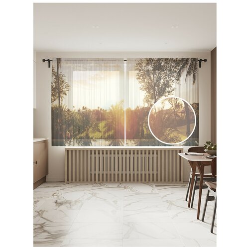 Тюль для кухни и спальни JoyArty "Утро в тропиках", 2 полотна со шторной лентой шириной по 145 см, высота 180 см.