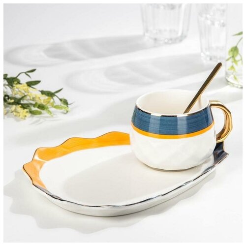 Чайная пара керамическая «Аврора», 3 предмета: чашка 250 мл, тарелка 21×17×2 см, ложка