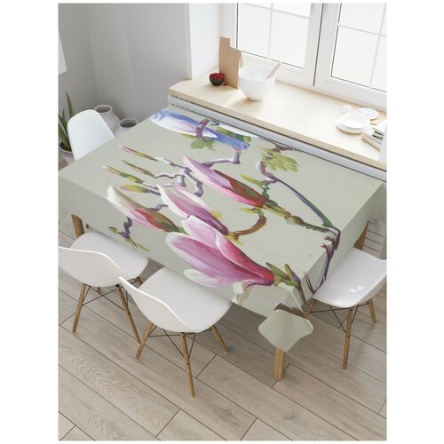 Скатерть прямоугольная JoyArty на кухонный стол "Птицы на ветке магнолии" из оксфорда, 180x145 см