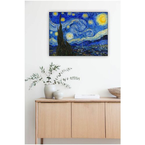 Картина-репродукция на дереве Винсент Ван Гог, -Звездная ночь-, Импрессионизм / картина для интерьера дома / 40х30