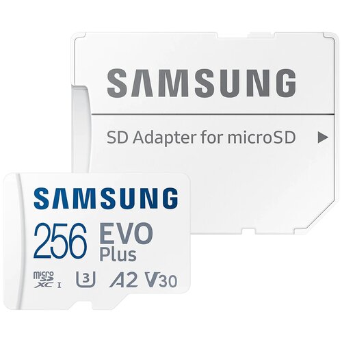 Карта памяти Samsung microSDXC 256 ГБ Class 10, V30, A2, UHS-I, R/W 130/105 МБ/с, адаптер на SD, белый