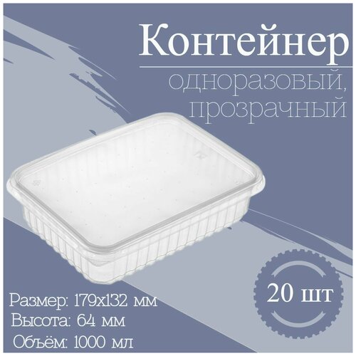 Контейнер одноразовый с крышкой 1000 мл 20 шт, набор пластиковой посуды пищевой ланч бокс тара емкость лоток для хранения и заморозки продуктов