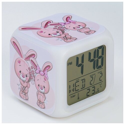 Часы настольные электронные "Зайка" с подсветкой, будильник, термометр, календарь, 8х8 см