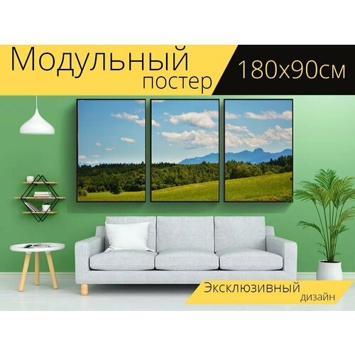 Модульный постер "Горы, луг, лес" 180 x 90 см. для интерьера