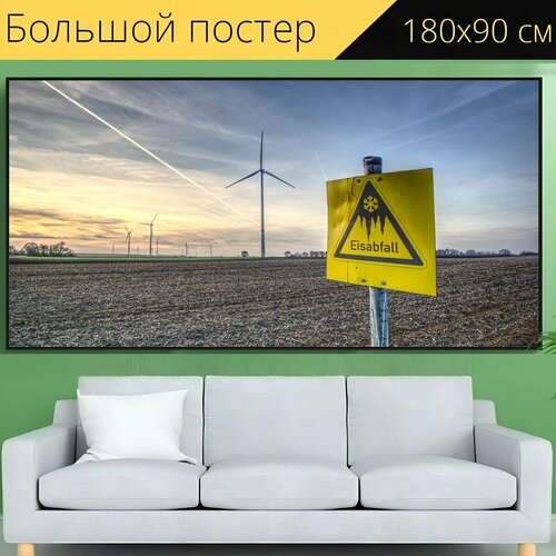 Большой постер "Мельница, ветряная энергия, предупреждение" 180 x 90 см. для интерьера