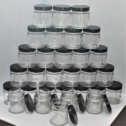 Банки стеклянные с крышками цвета черный глянец, 30 шт: для йогуртницы, свечей варенья, сыпучих продуктов, специй, объем 200 мл