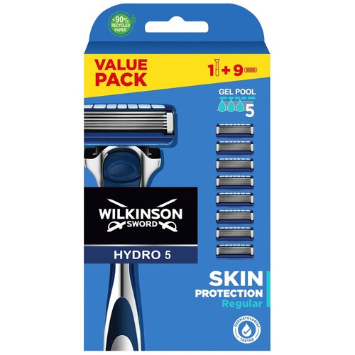 Wilkinson Sword / SCHICK Hydro 5 Skin Protection Regular / Бритвенный мужской станок с 9 сменными кассетами.
