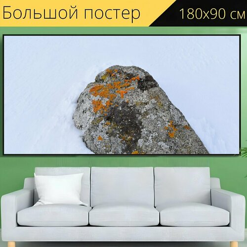 Большой постер "Камень, лишайник, снег" 180 x 90 см. для интерьера