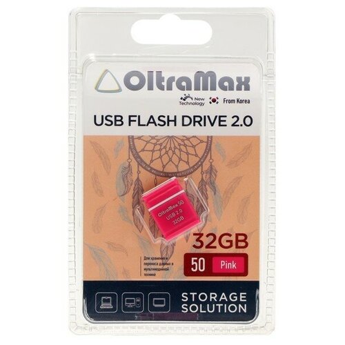 Флешка OltraMax 50, 32 Гб, USB2.0, чт до 15 Мб/с, зап до 8 Мб/с, розовая 9441549